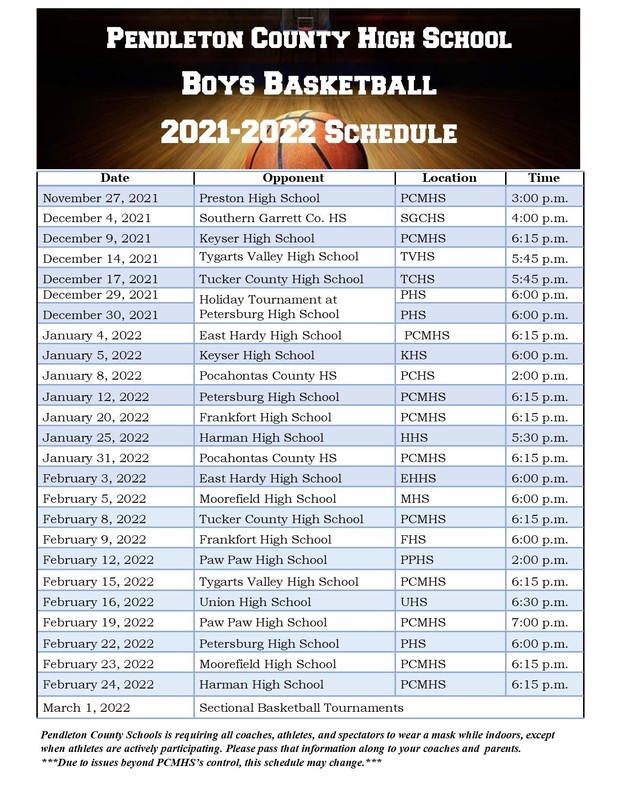 PC Wildcat High School Boys Basketball Schedule | Pendleton County Middle / High School