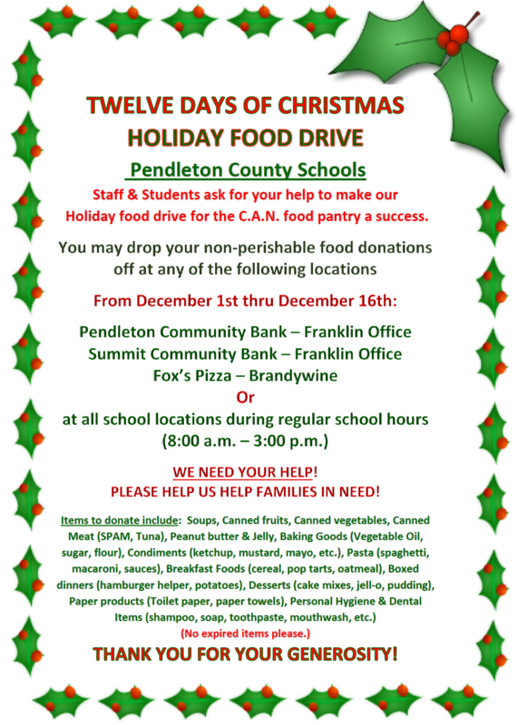 Annual 12 Days of Christmas Food Drive | Pendleton County Middle / High ...